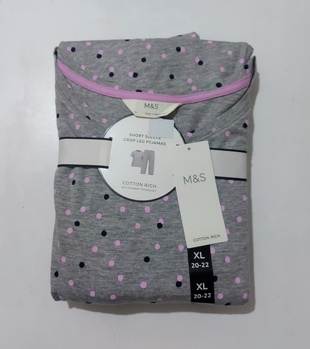 M&S Women's Cotton Rich Short Sleeve/ Crop Leg Pyjamas Grey marl Size ...