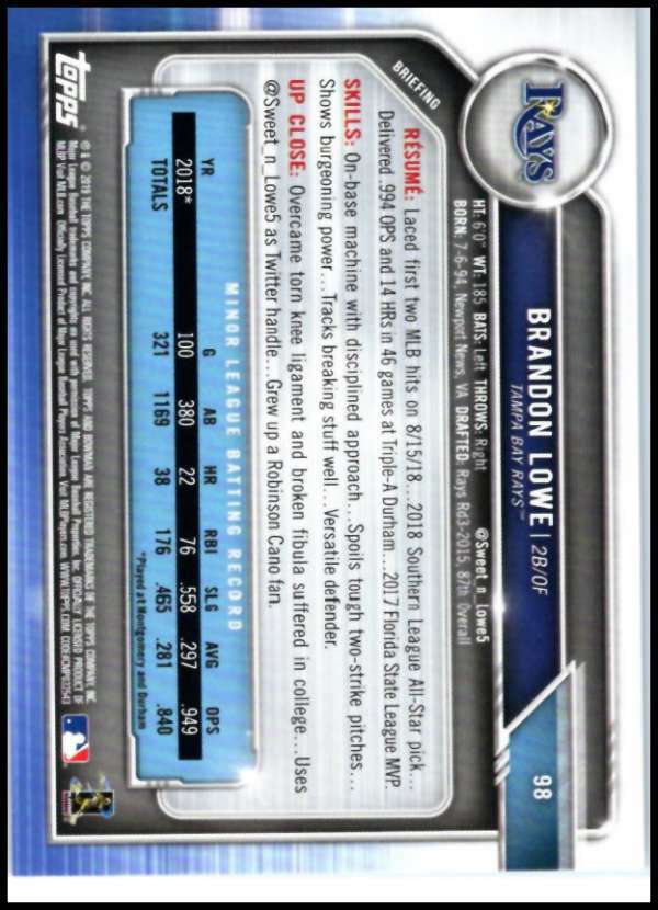 2019 Bowman #98 Brandon Lowe Rays NM-MT (RC - Rookie Card) | eBay