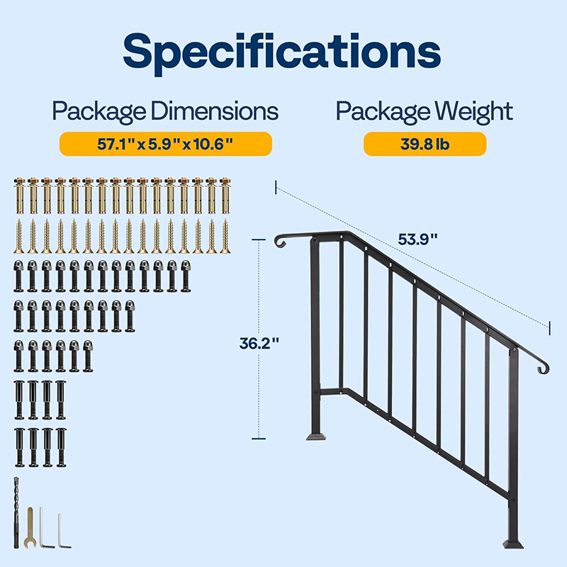 2-Pack 4 Step Hand Rails for Outdoor Steps Wrought Iron Railing for ...