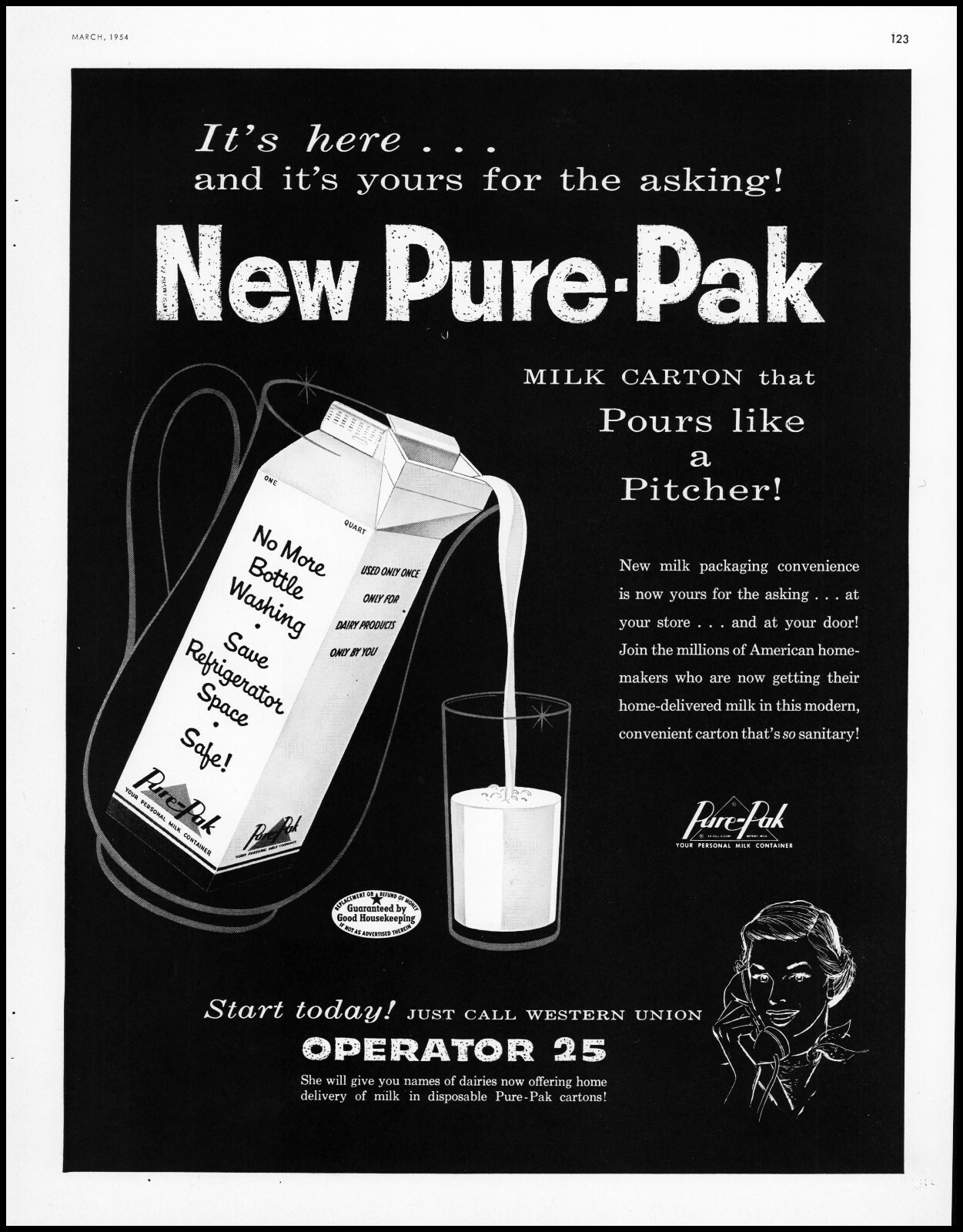 1954 Pure-Pak new milk carton pours like a pitcher debut retro art ...