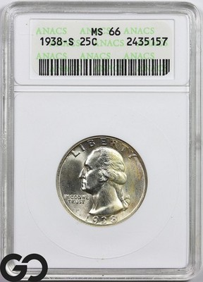 1938-S Washington Quarter, ANACS MS-66 ** Old Soap Box Holder, Lustrous ...