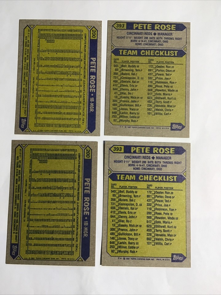 1987 Topps Baseball #200 #393 PETE ROSE Manager - 4 CARDS LOT - NM-MINT ...