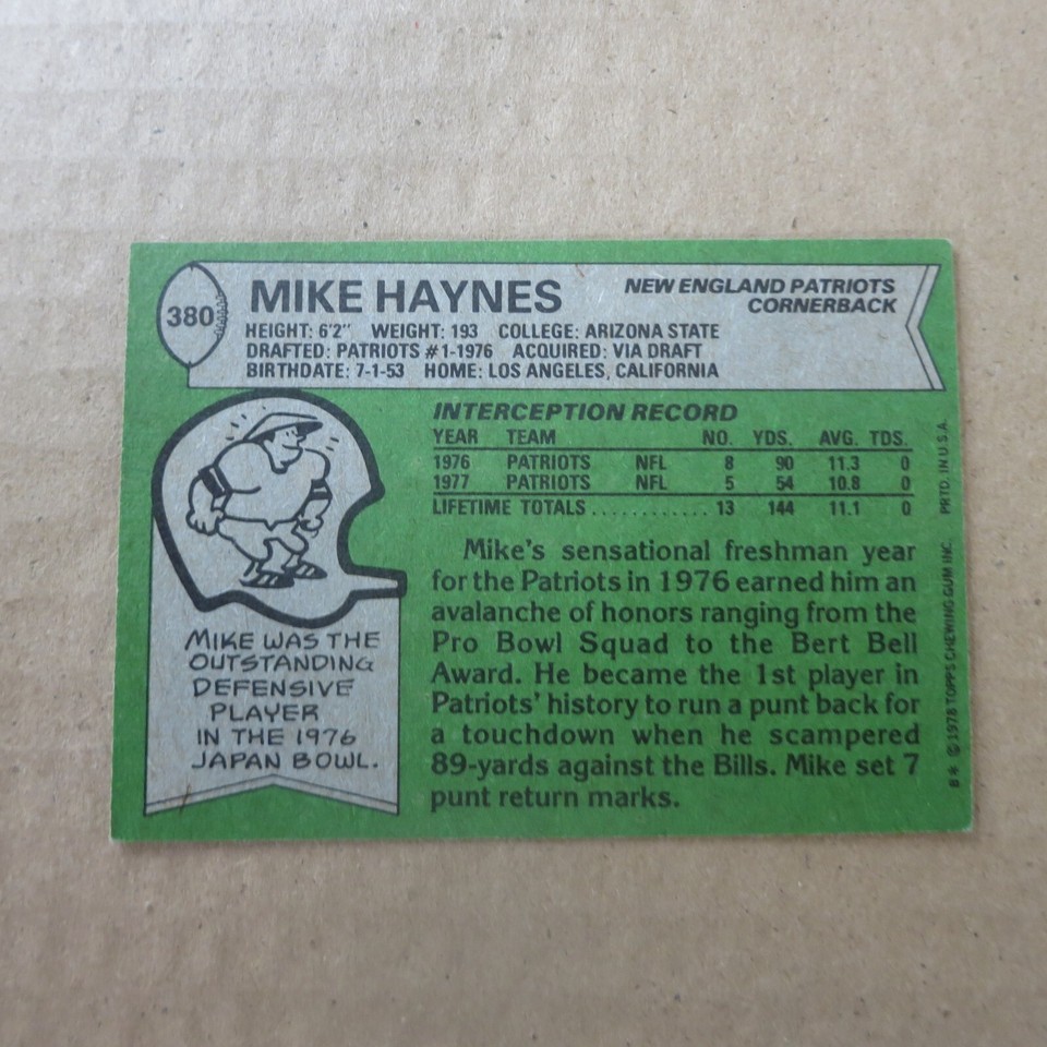 Mike Haynes 1978 Topps #380 New England Patriots Raiders Arizona State ...