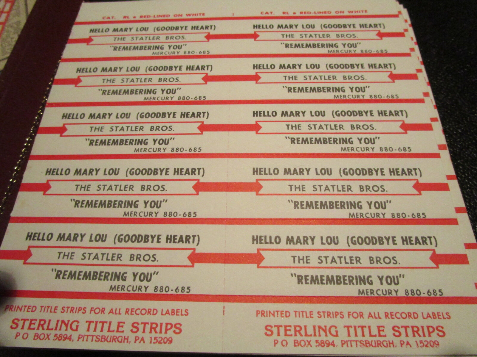 Jukebox Title Strip Full Sheet THE STATLER BROS. Hello Mary Lou Goodbye ...