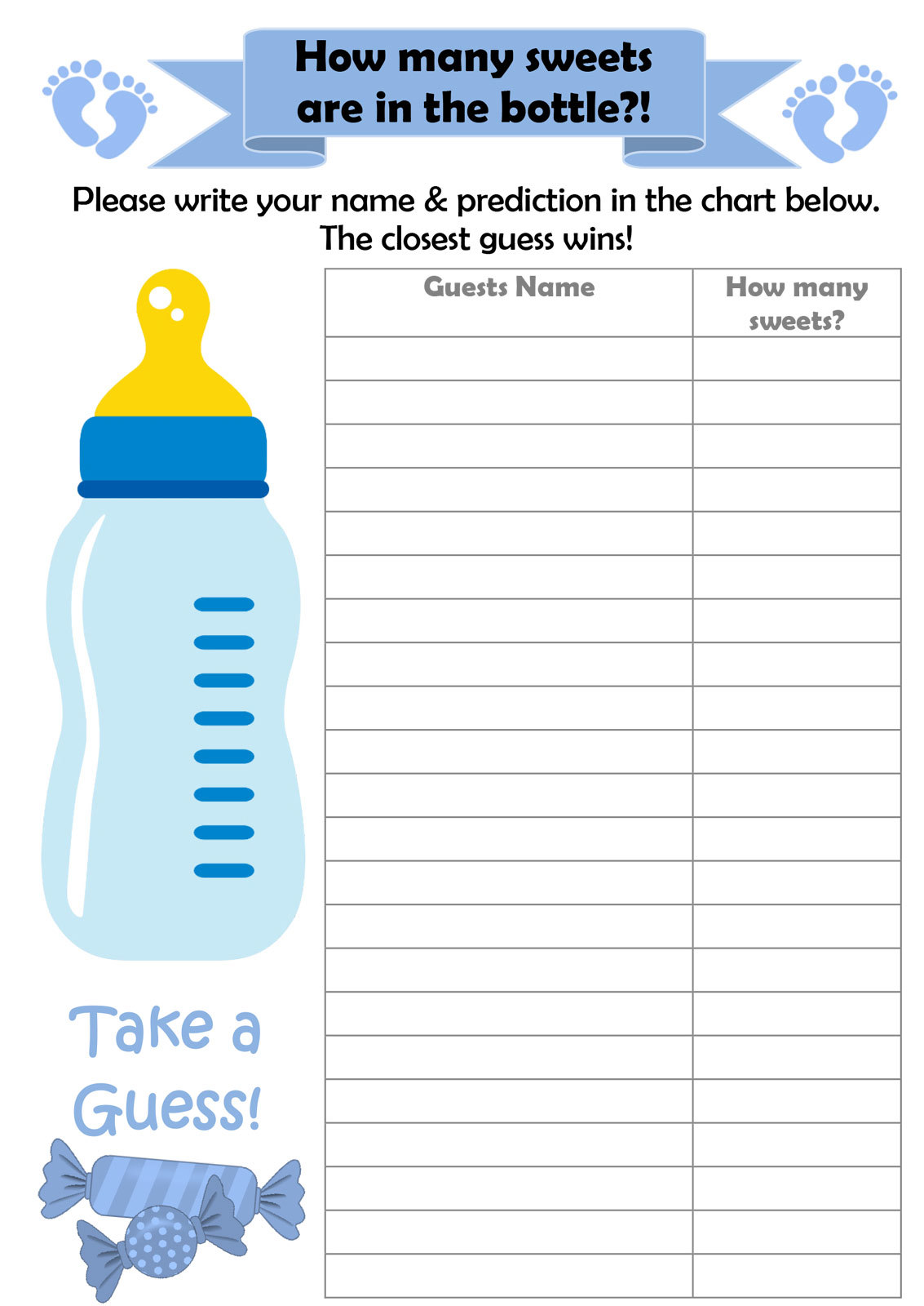 Baby Shower 22 Player Game card - Guess how many sweets in the baby ...