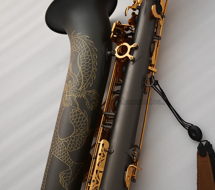 MATT BLACK Baritone Saxophone GOLD BELL Eb Sax Dragon engraved bell W ...