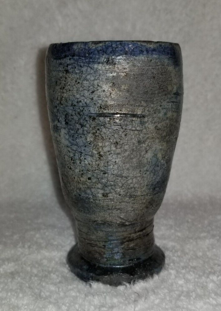 Raku Art Pottery Vase Pencil Holder Blue Gray Lines Crazing Crude ...