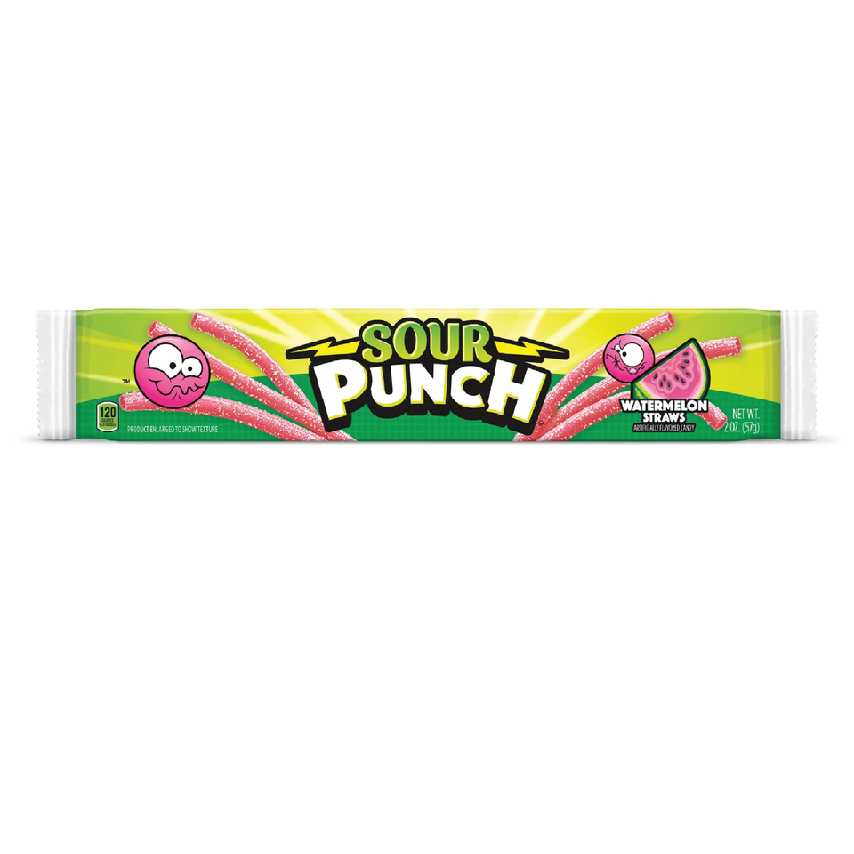 Full Box 24x Packs Sour Punch Watermelon Mouthwatering Sour Straws ...