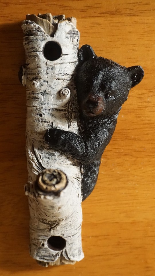 Black Bear Cub Hook Figurine Climbing Birch Tree Rustic Lodge Cabin ...