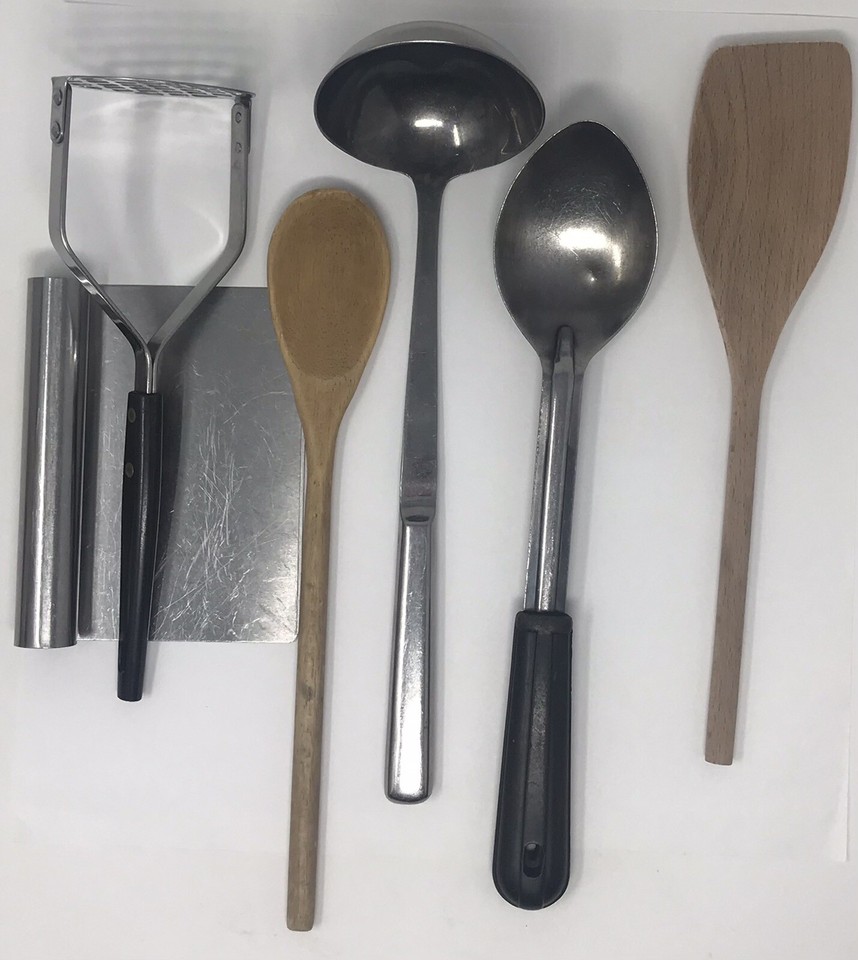 Kitchen Lot (6) Wooden Spoons Serving Masher Scraper Ladle Stainless | eBay