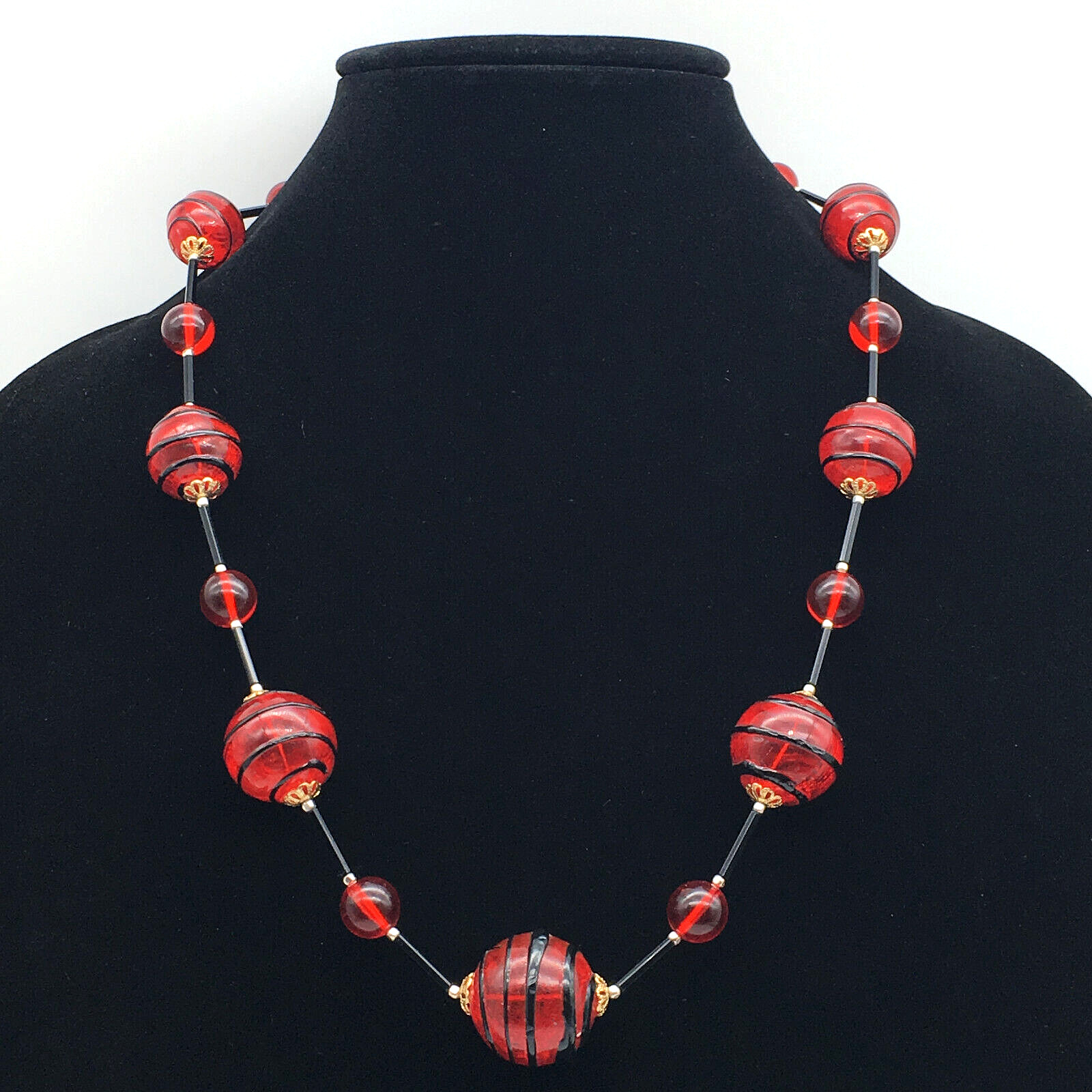 Japan 40's Large Red Celluloid Painted Bead Black Gla… - Gem