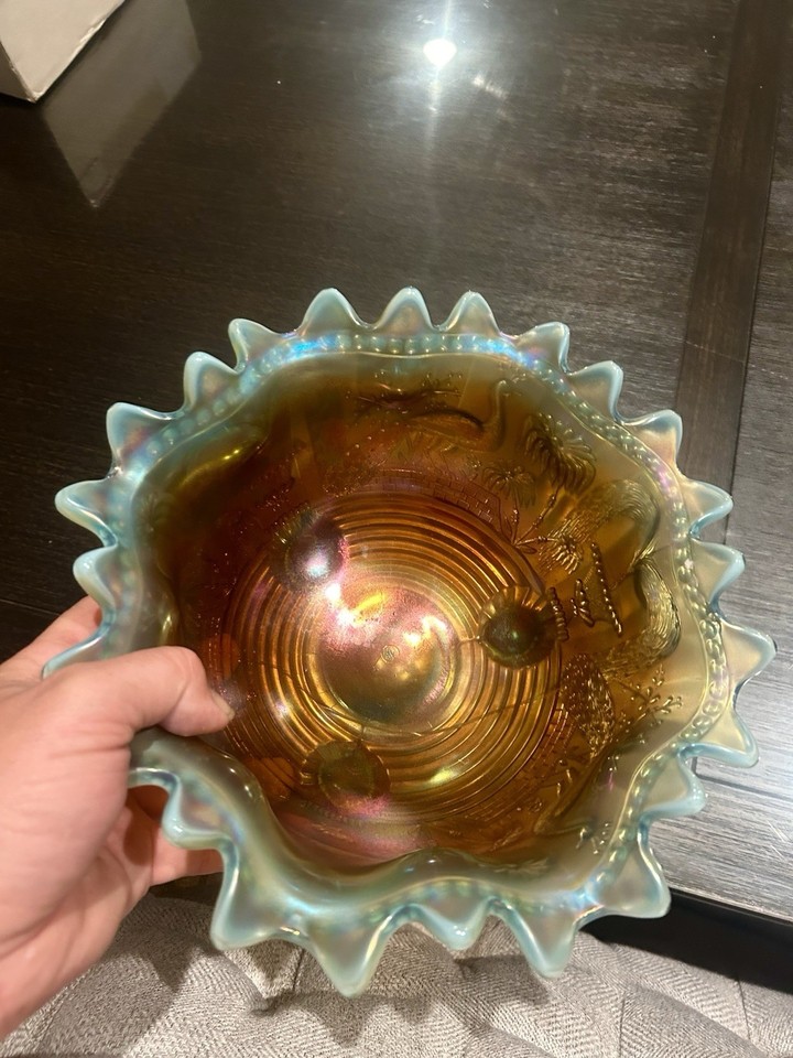 Vintage Carnival Glass Aqua Opal Peacocks At The Fountain Fruit Bowl ...