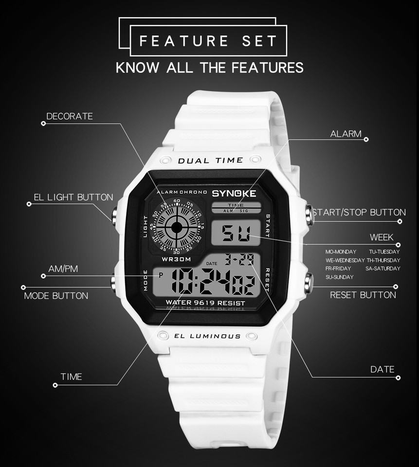 Fashion Men's Sports Watch LED Large Digital Waterproof Multifunction ...