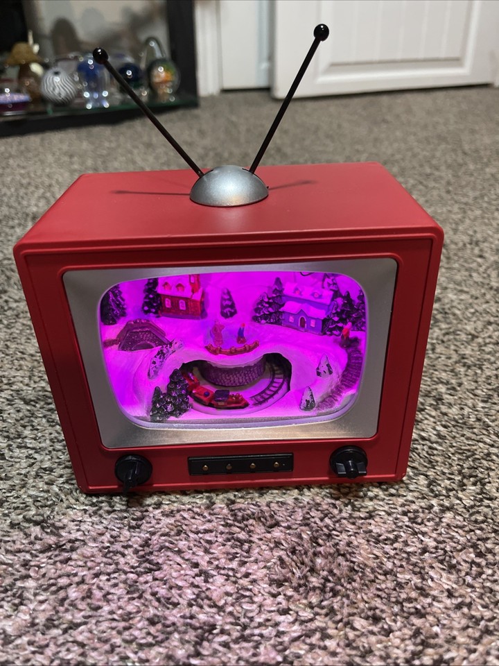 Red Retro Vintage TV Music Box with Animated Christmas Train / Lights ...