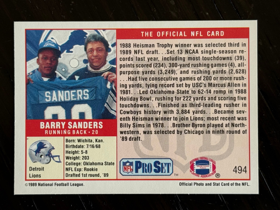 1989 NFL Pro Set Barry Sanders #494 [Rookie Card] | eBay