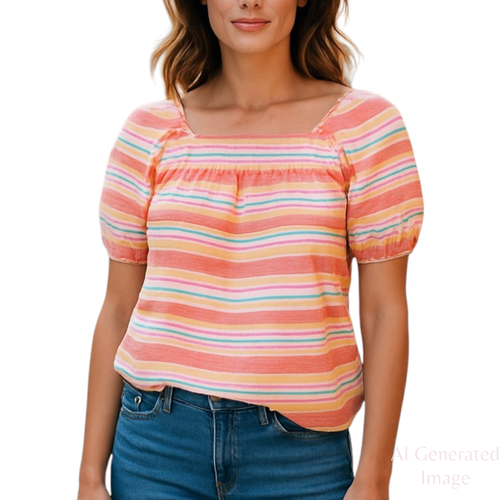 Talbots Womens Square Neck Linen Top Palm Stripe Multicolor Smocked Petite Mp | eBay