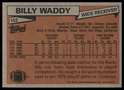 1981 Topps #162 Billy Waddy Los Angeles Rams NM+ | eBay