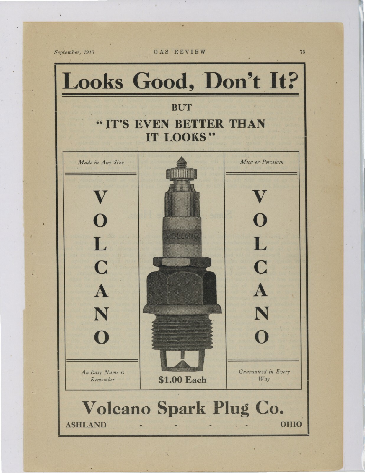 1910 Volcano Spark Plug Ad: Looks Good, Don't It? - Ashland, OhiO | eBay
