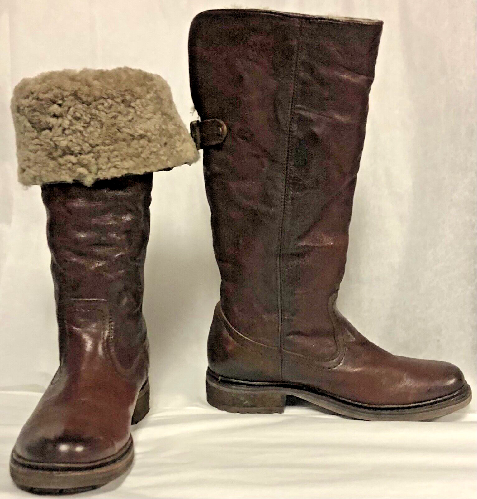 FRYE VALERIE BROWN LEATHER SHEARLING KNEE BOOTS W BUC… - Gem