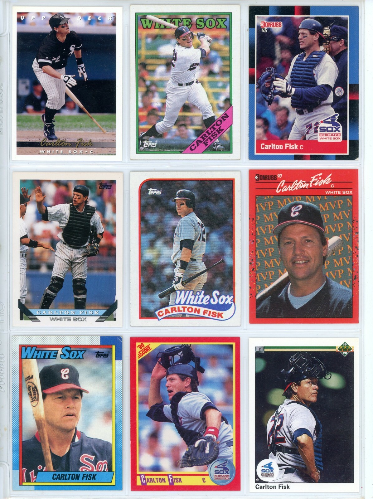 NINE DIFFERENT YEAR/MANUFACTURE CARLTON FISK CARDS IN AN ULTRA PRO ...
