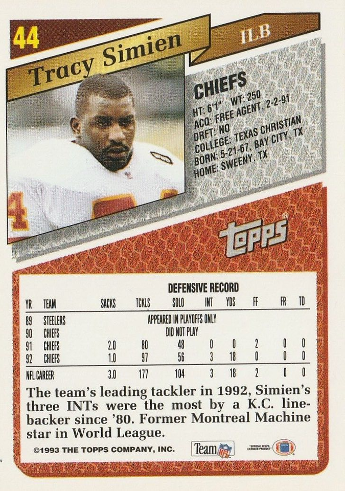 Tracy Simien 1993 Topps #44 Kansas City Chiefs NFL Card- Free Shipping ...