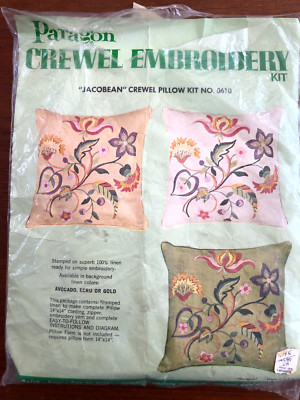 Vtg Paragon Crewel Embroidery Jacobean Crewel GOLD Linen Pillow Kit ...