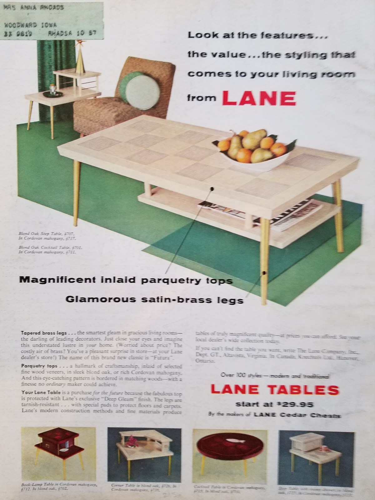 1956 Lane Tables Furniture Parquetry Tops Brass Legs Makers Of Cedar ...