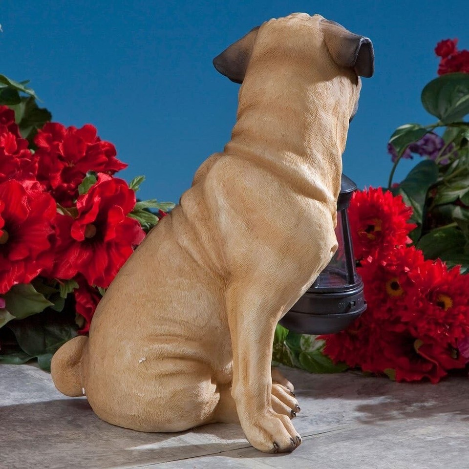 Realistic Fawn Pug Puppy Dog Garden Sculpture Holding Solar LED Lighted ...
