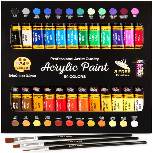 24-Color Acrylic Paint Set (12 Ml) with 3 Brushes - for Canvas, Paper ...
