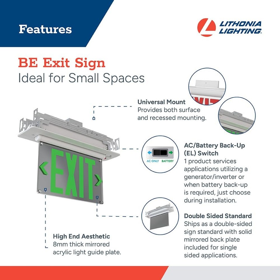 Basics Edge-lit LED Exit Sign with Green Letters, Universal Mount ...