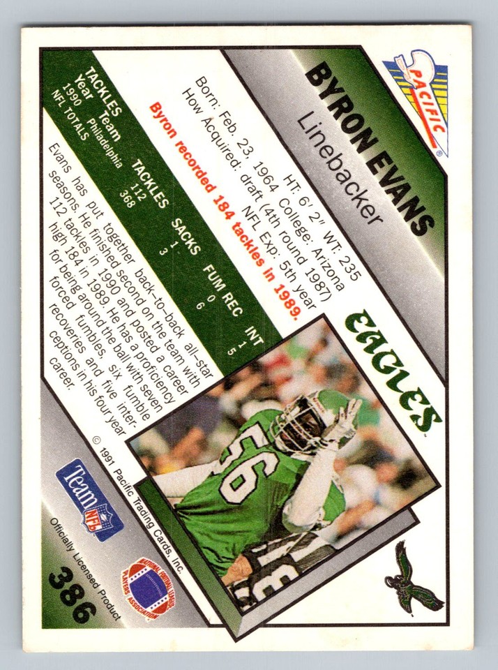 Byron Evans 1991 Pacific #386 Philadelphia Eagles | eBay