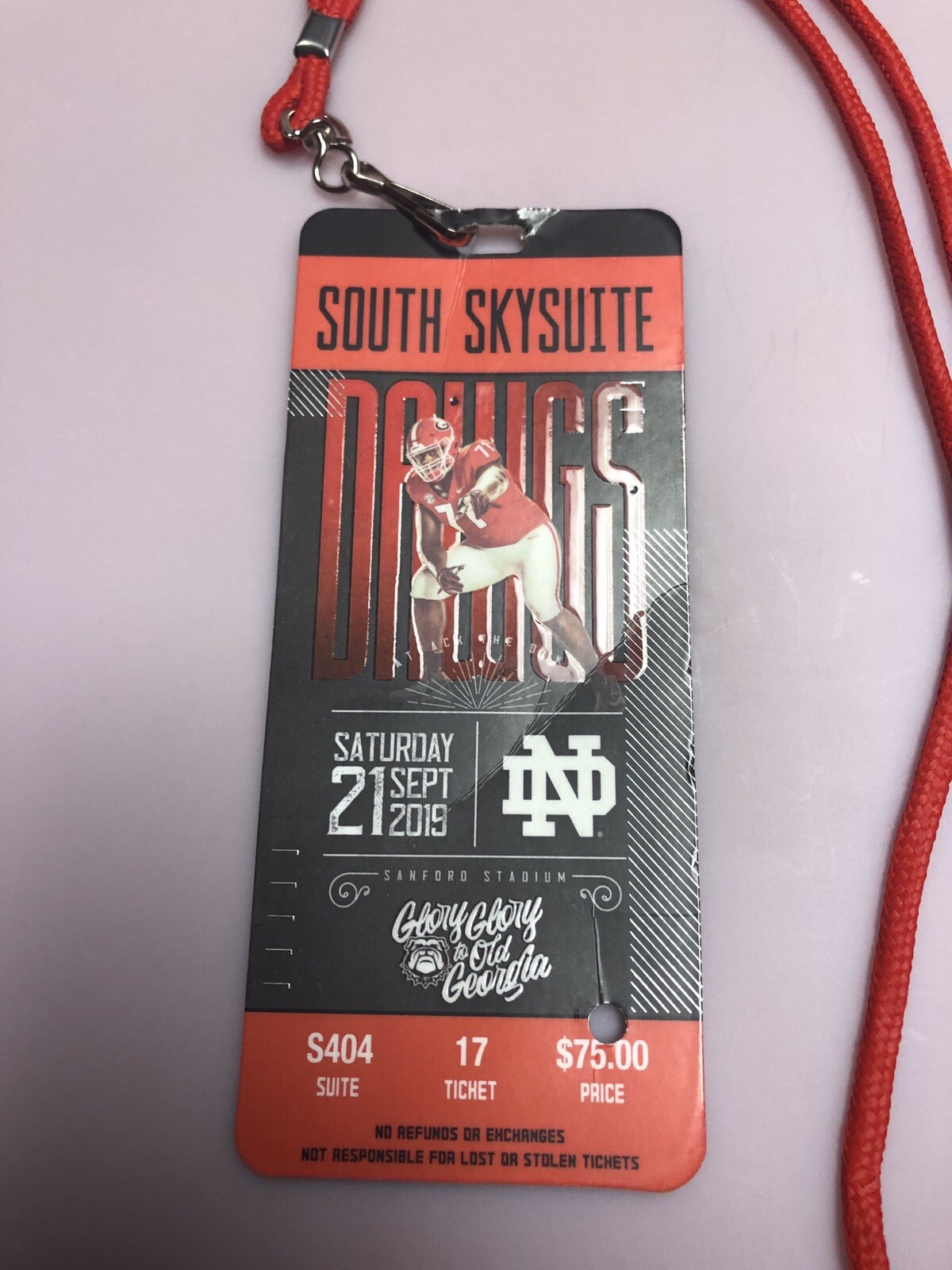 Georgia Bulldogs UGA Football 2019 Vs Notre Dame Lanyard Ticket- Used ...