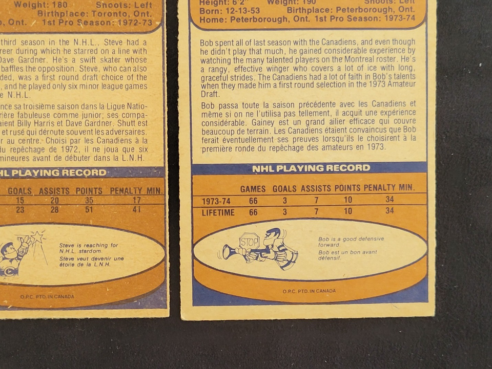 1974-75 O-PEE-CHEE 2 ROOKIES LOT STEVE SHUTT #316 BOB GAINEY #388 HABS ...