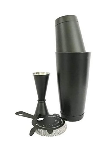Black Bartender Tool Kit 4 pc Boston Shaker Set with Hawthorne Strainer ...