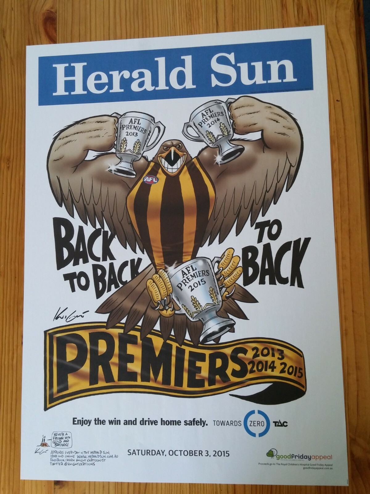 2015 AFL Hawthorn Hawks Premiers Poster 2013 2014 2015 Herald Sun Mark ...
