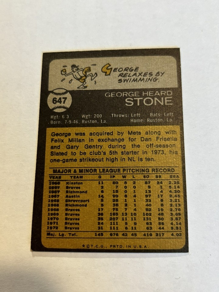 1973 TOPPS GEORGE STONE #647 SIGNED AUTO NEW YORK METS | eBay