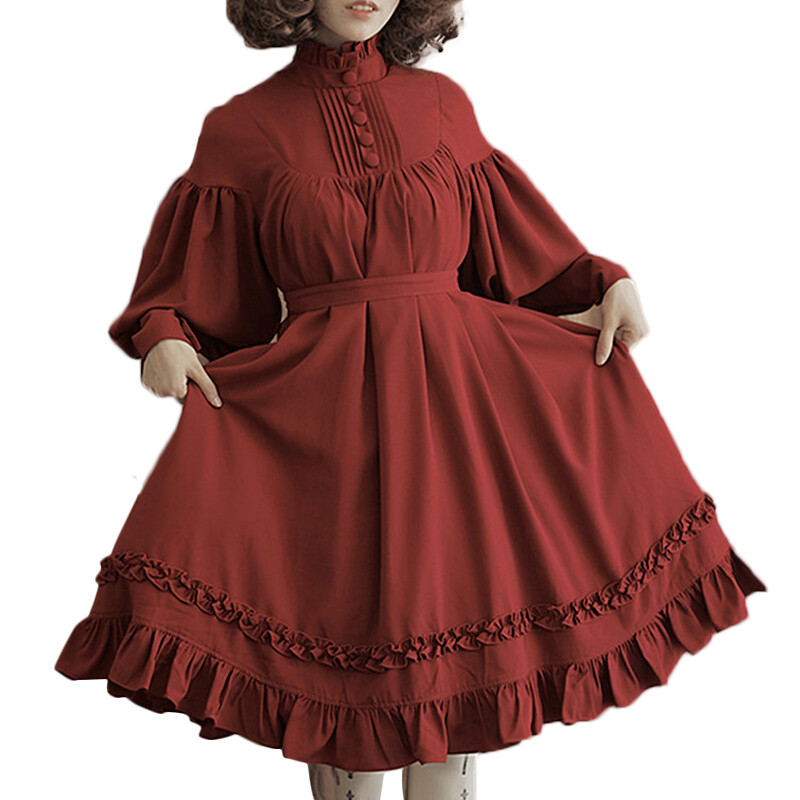 Vintage Gothic Lolita Dress Women Loose Puff Sleeve Pure Color Princess ...