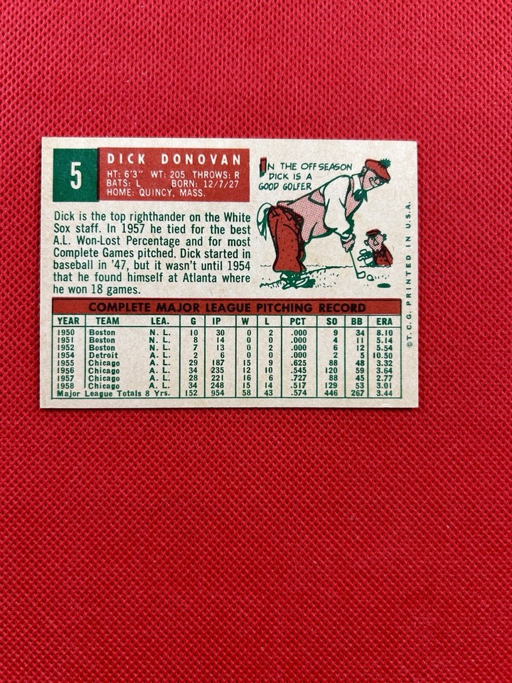 1959 Topps #5 Dick Donovan Chicago White Sox High-end NM B59#5B1 | eBay
