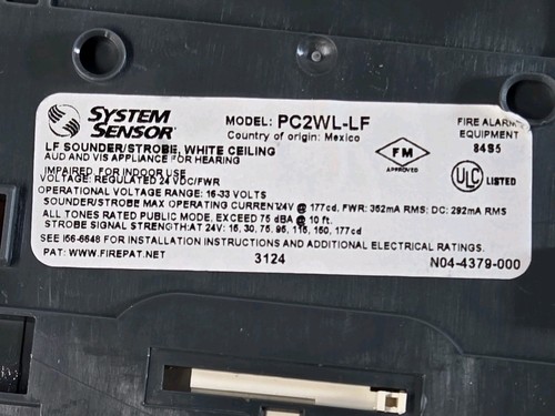 SYSTEM SENSOR PC2WL-LF WHITE CEILING MOUNT LOW FREQUENCY SOUNDER/STROBE ...