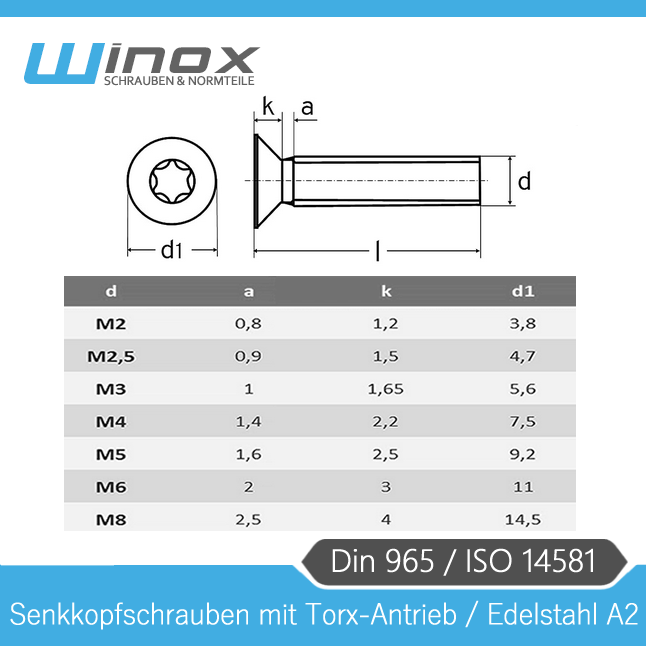 M6 | Senkkopfschrauben DIN 965 Edelstahl A2 VA V2A Senkschrauben Torx ...