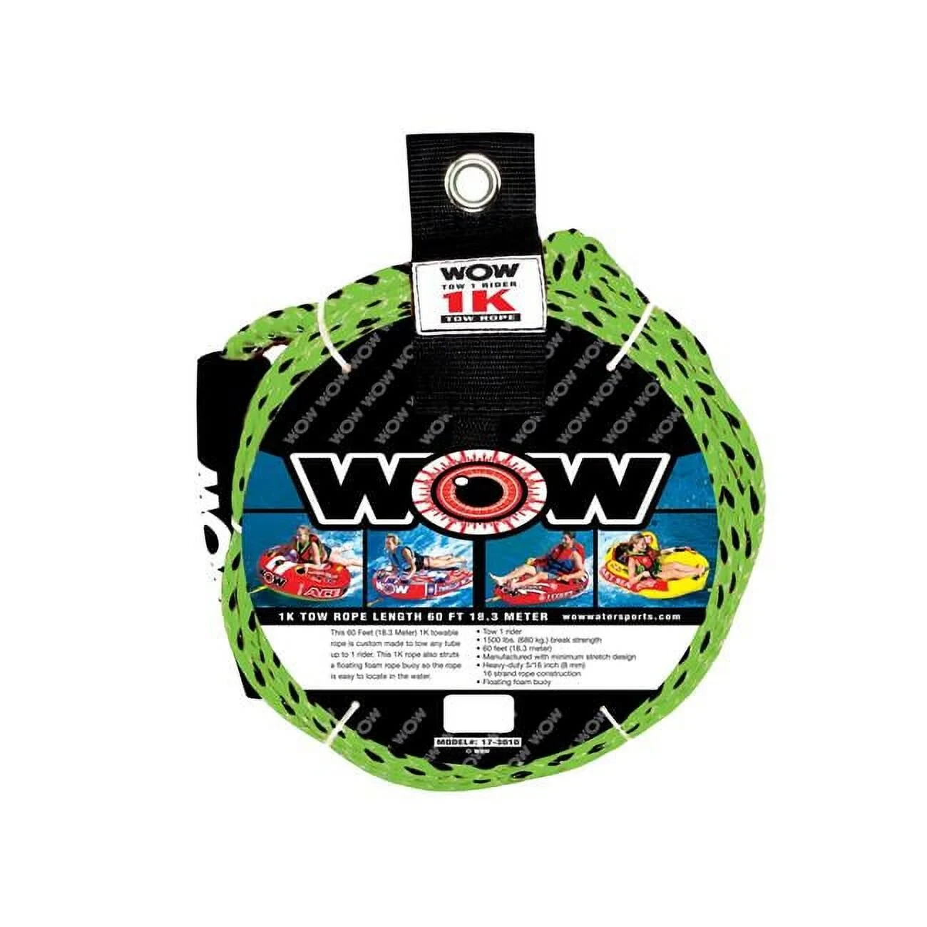 WOW Watersports 1K 60' Tow Rope Green Boat Tubing Rope Heavy Duty ...