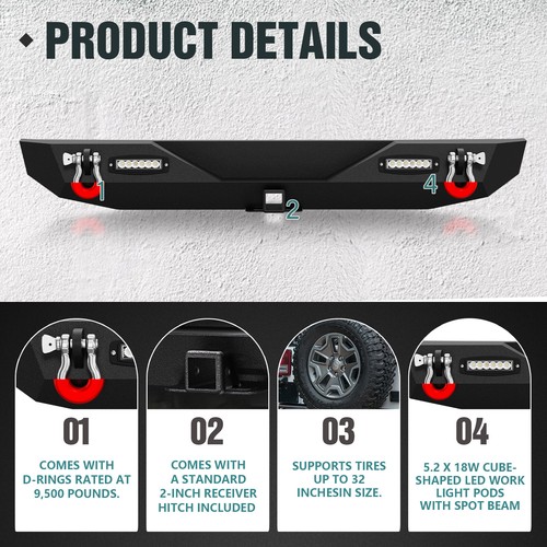 For 2018-024 Wrangler Jeep JL JLU Rear Bumper with 2" Hitch Receiver & D-Rings | eBay
