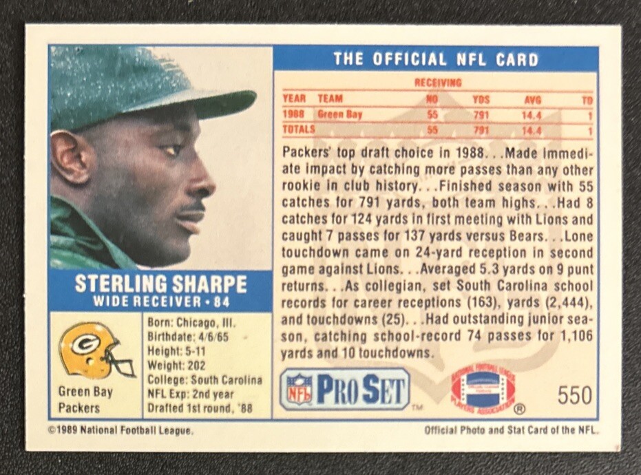 1991 NFL Pro Set Sterling Sharpe Football Rookie Card (RC) #550 Packers ...
