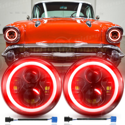1955-1957 Chevrolet Bel Air 7" inch Round LED Headlights Red Halo DRL ...