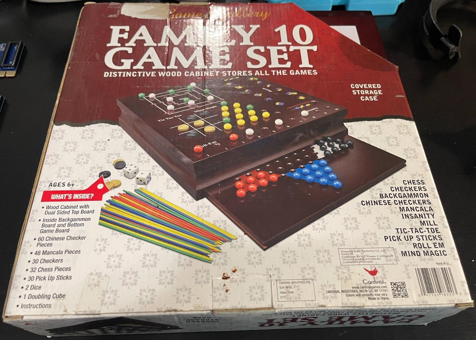 Cardinal FAMILY 10 GAME SET w/ Wood Cabinet Backgammon Chess Chinese ...