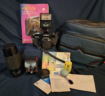 MINOLTA X-7A 35MM SLR FILM CAMERA LOT Flash Zoom Lens Manuals Bag ...