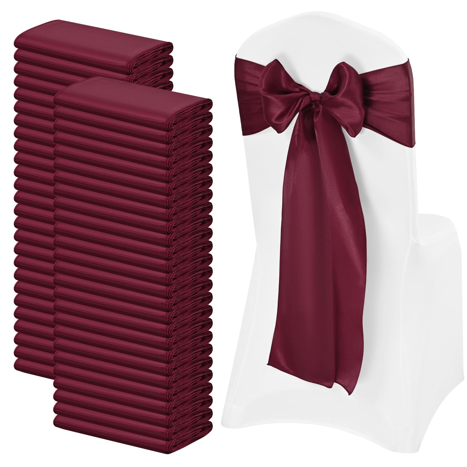 72 PCS Satin Chair Sashes, Burgundy Bows Sashes for Chair Covers ...
