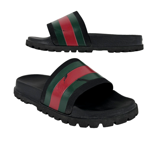 Gucci Auth Men 7.5 US 7 UK 41 EU Black Web Rubber Pool Slides Sandals ...