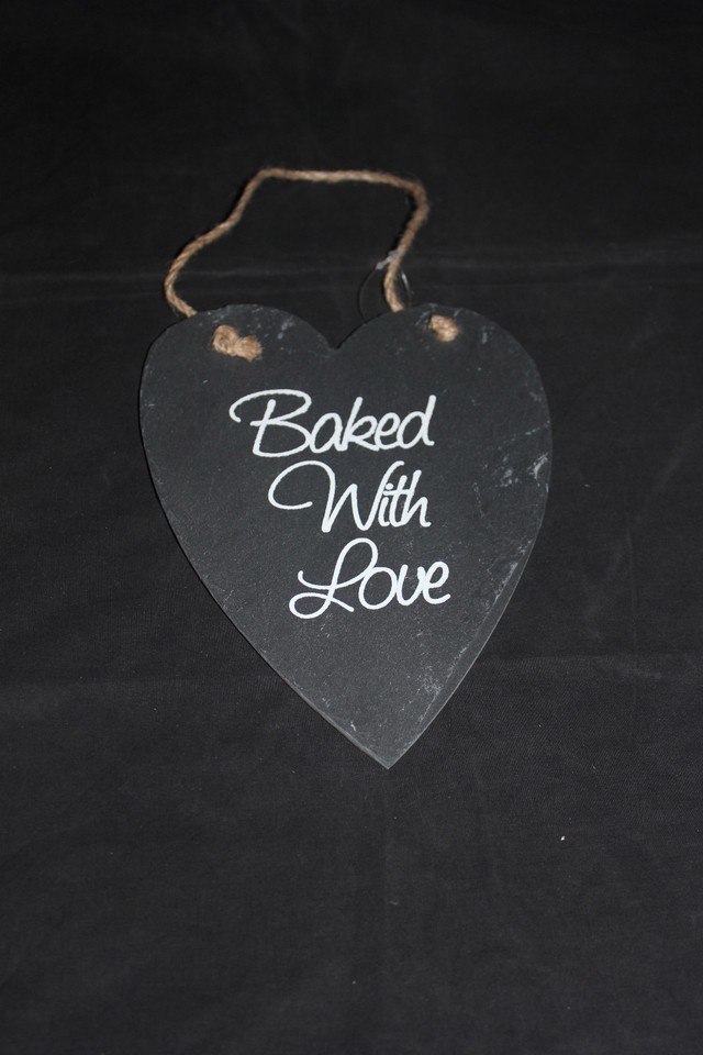 SLATE PLAQUE HANGING,HEART SHAPED,RUSTIC 'BAKED WITH LOVE ",GIFT FOR ...