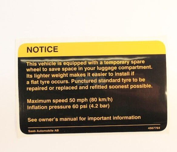 SAAB 900 CLASSIC GENUINE SAAB LABEL FOR THE SPARE WHEEL NEW OLD STOCK ...
